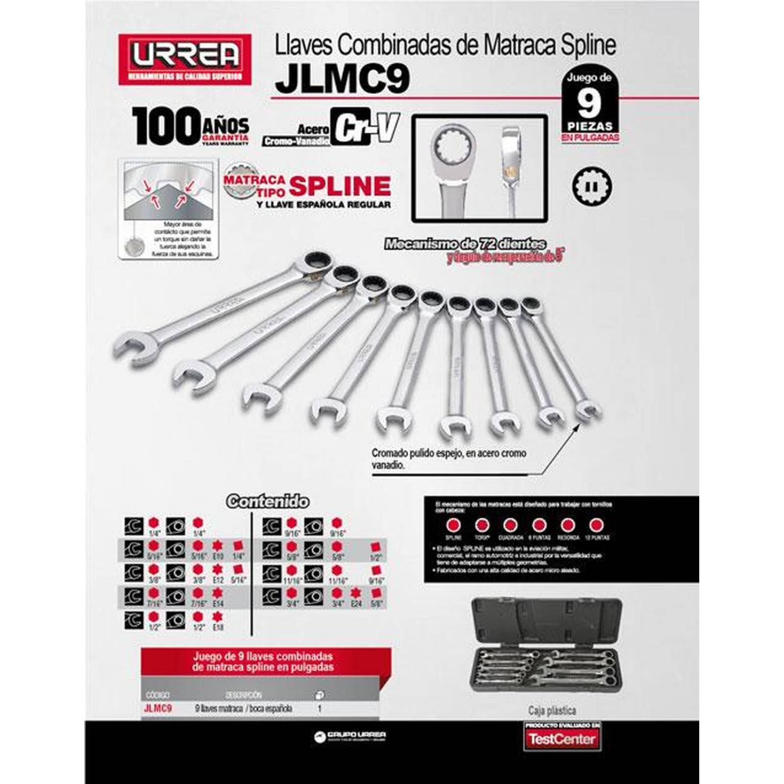 Juego de 9 llaves de matraca spline en pulgadas Urrea JLMC9