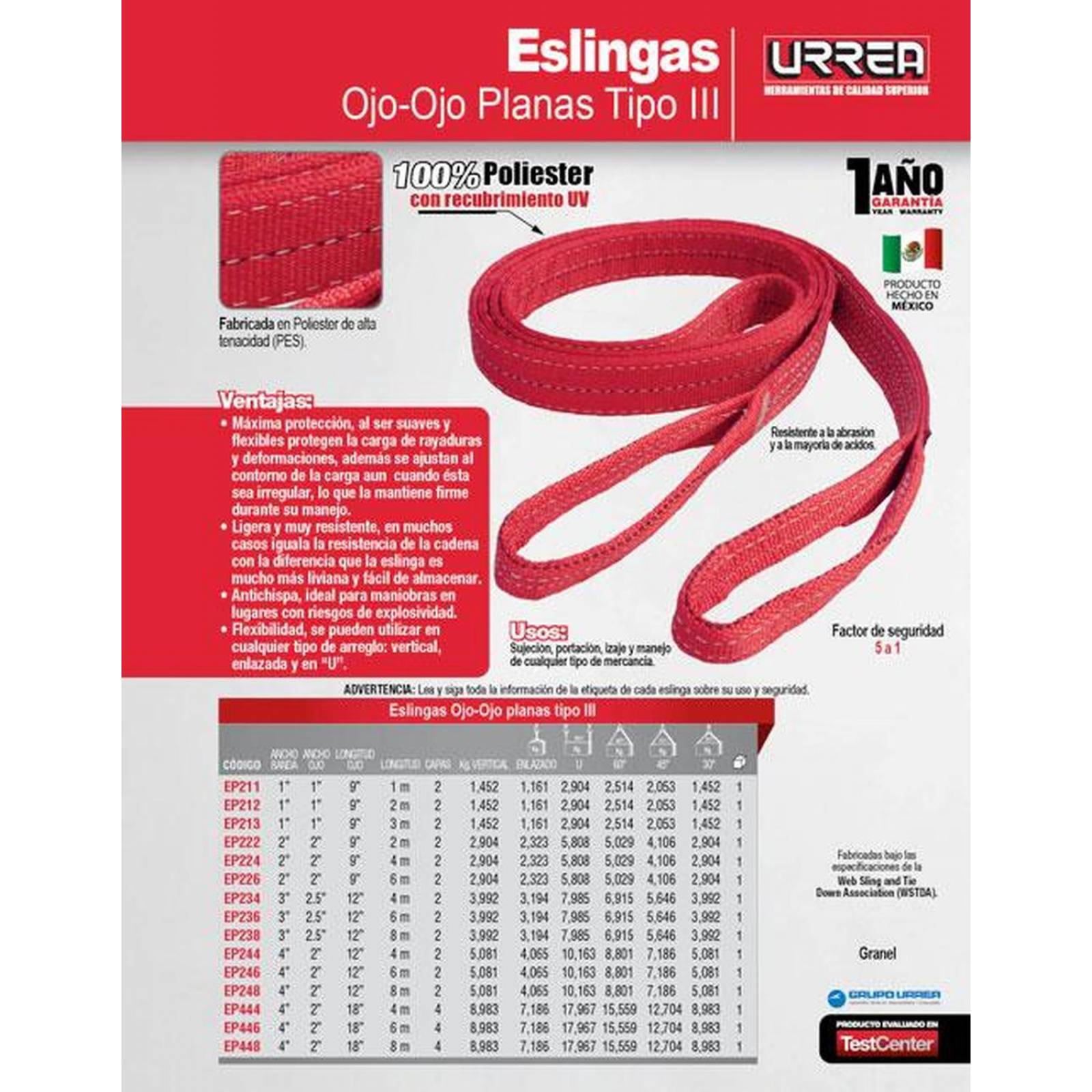 Eslinga plana tipo III polipropileno 4" x 4m 2 capas Urrea EP244