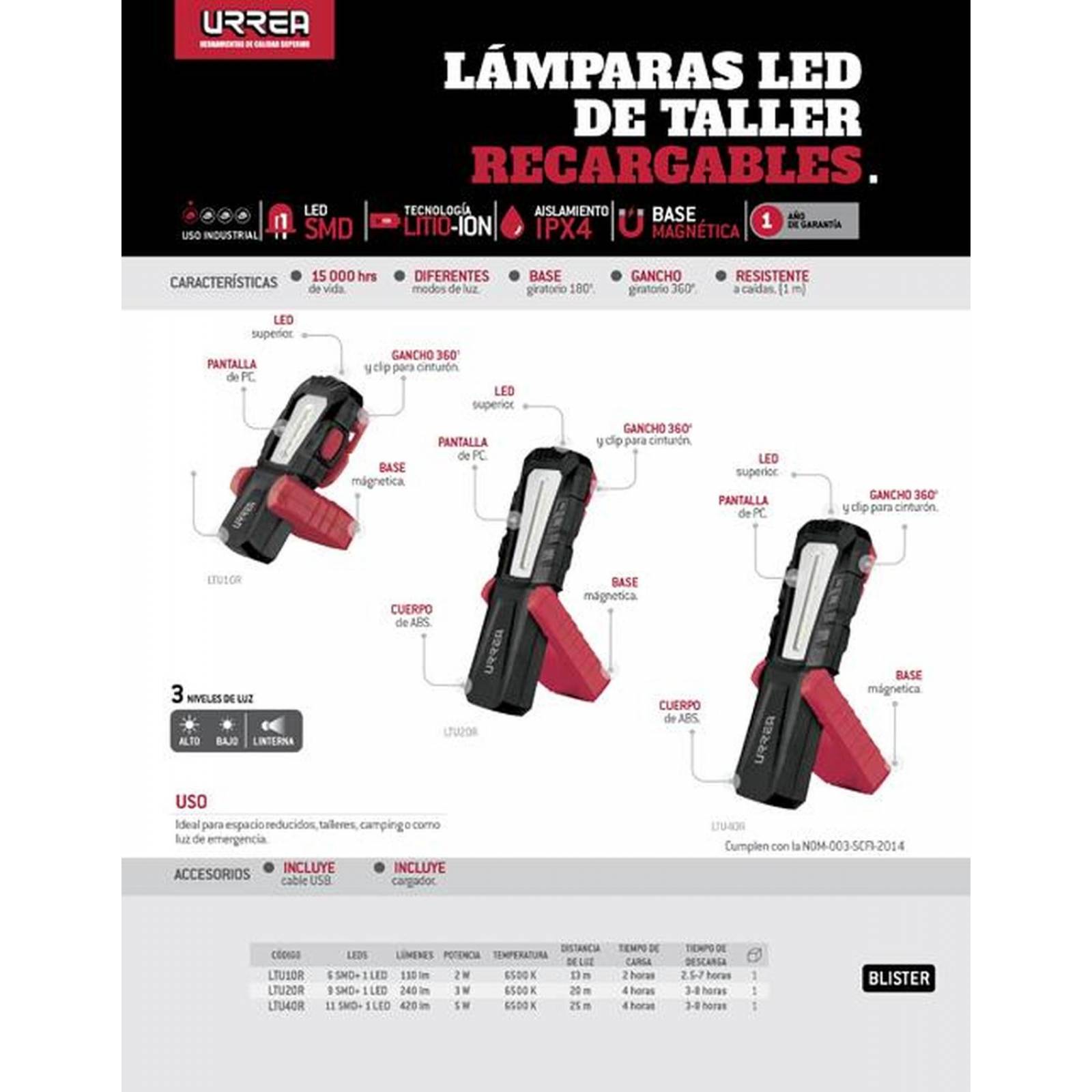 Lámpara de taller recargable 420lm, grado IPX4 Urrea LTU40R