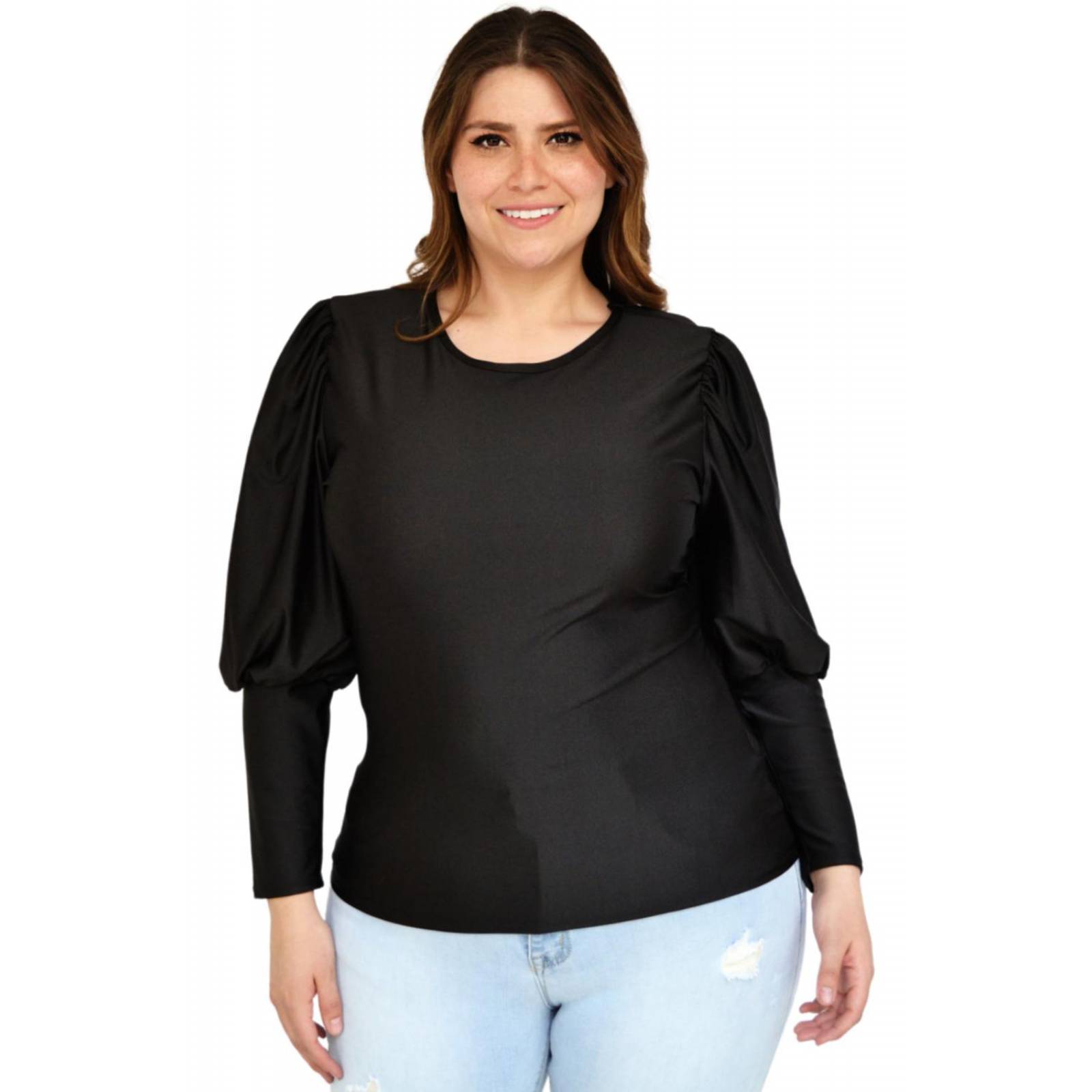Blusa de puño cerrado Roman Fashion /Tallas Extras, 1809 (Negro)