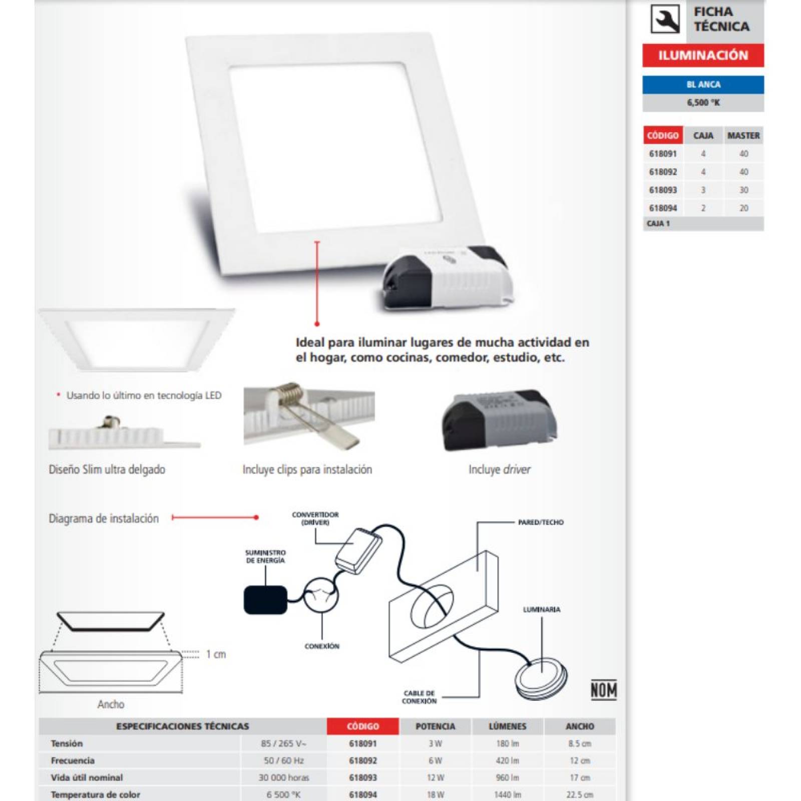 Lampara Luminario Led Cuadrado Fijo Luz Blanca 12w Iusa
