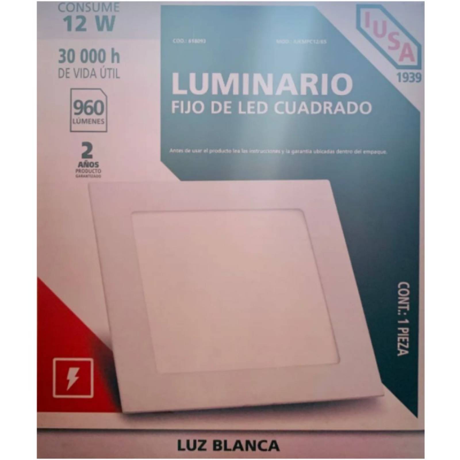 Lampara Luminario Led Cuadrado Fijo Luz Blanca 12w Iusa