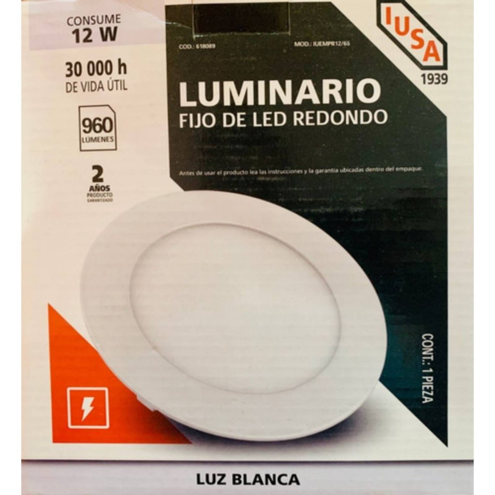 Lampara Luminario Led Redondo Fijo Luz Blanca 12w Iusa