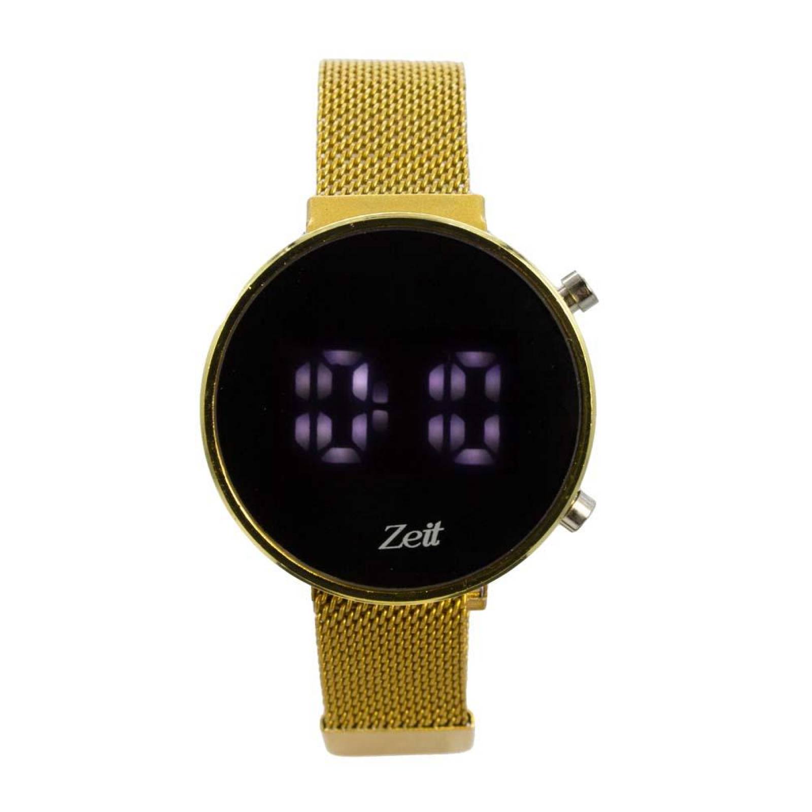 Reloj Digital Zeit Unisex Casual Correa De Mesh Luz Led Dorado 40mm.