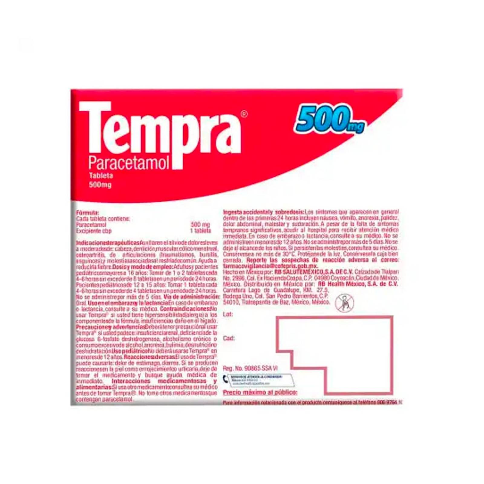 Tabletas Tempra 500 mg 100 Cápsulas