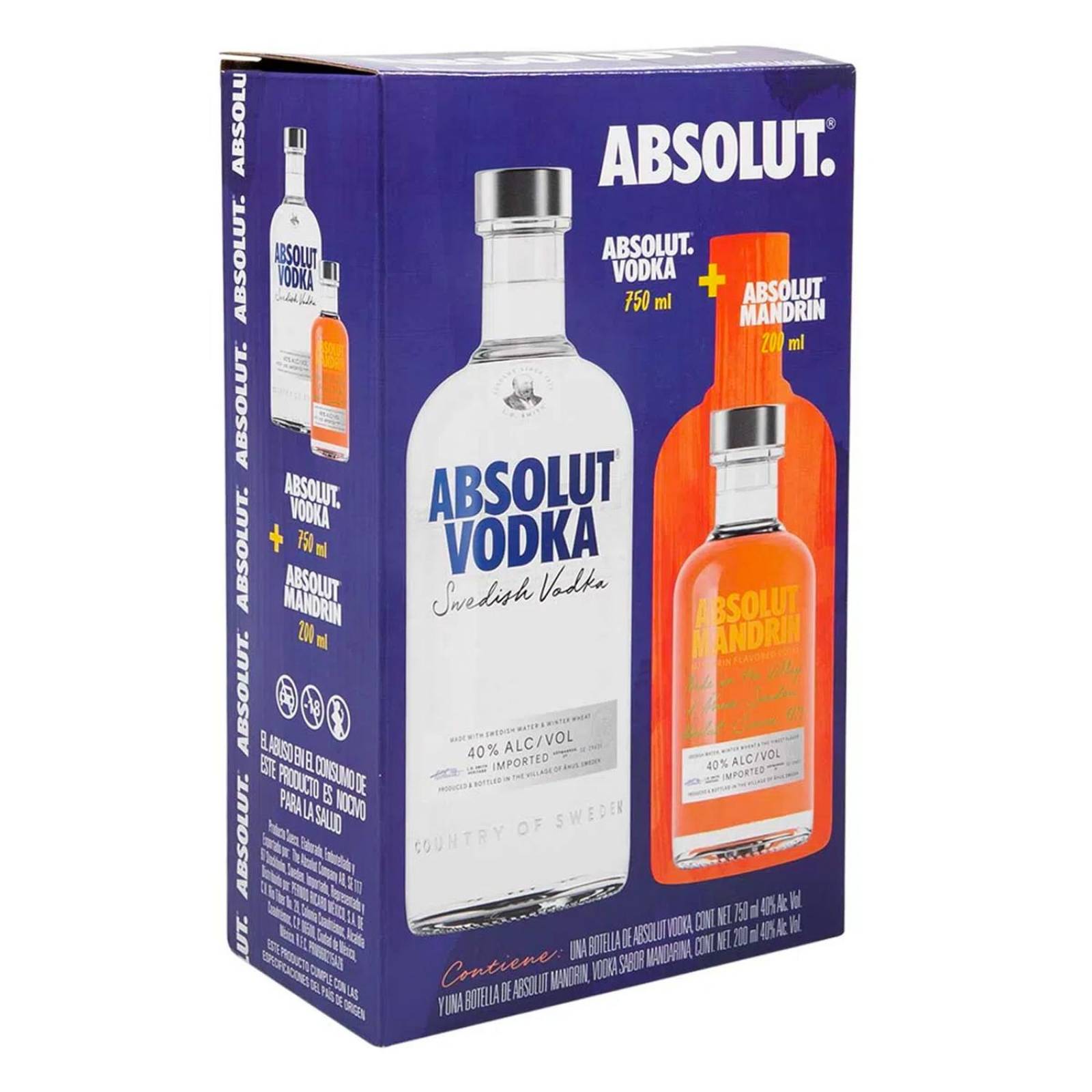 Vodka Absolut Mandarin 750 ml + Blue 375 ml