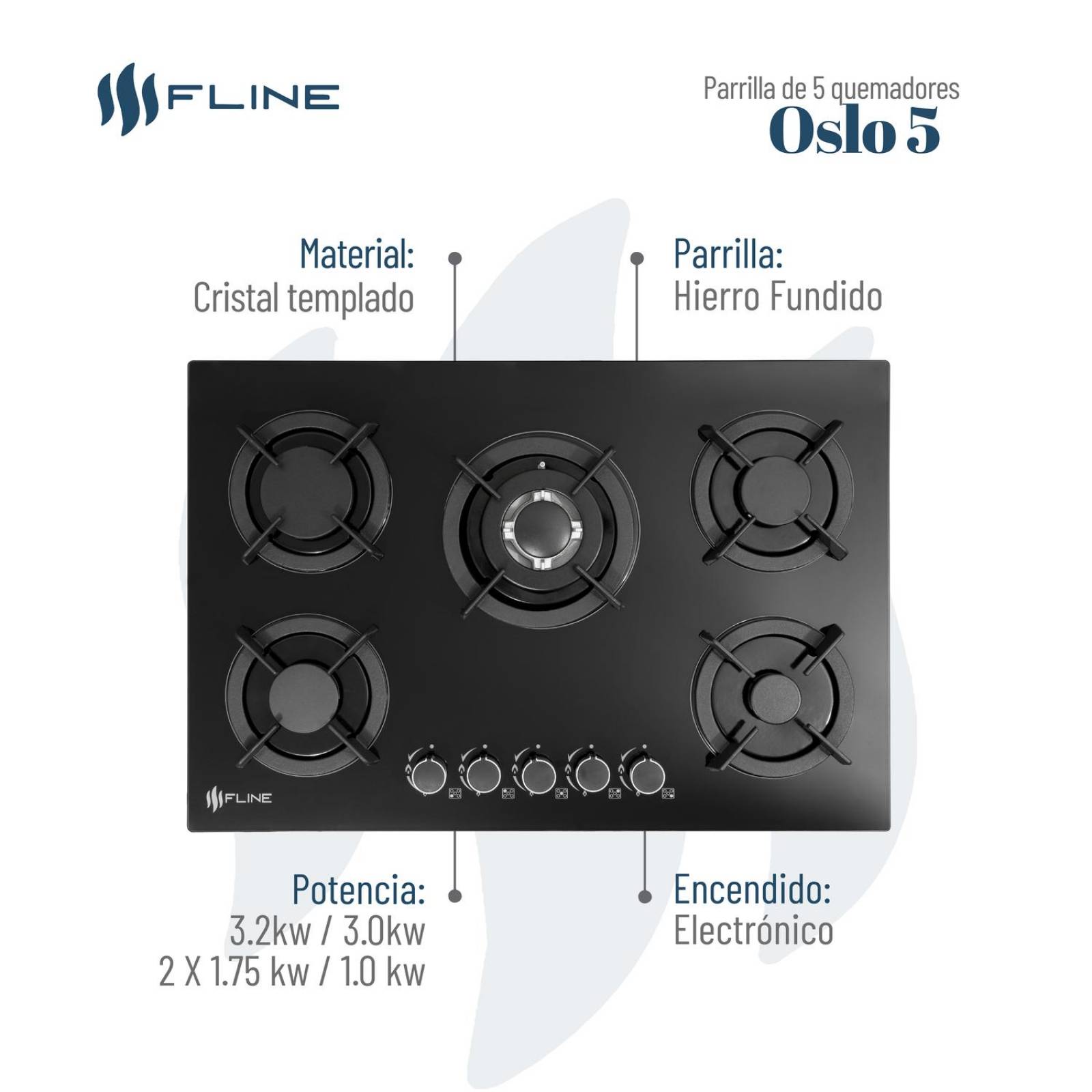 Parrilla de Gas Empotrable 5 Quemadores Vidrio templado | Oslo 5 | FLINE