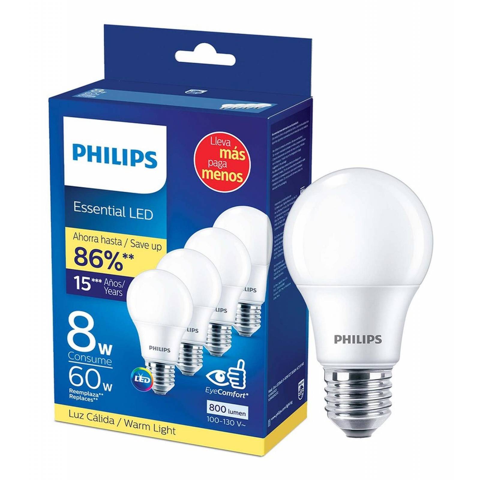 Foco Led A19 Philips 8 W 800 Lúmenes Luz Cálida Amarilla