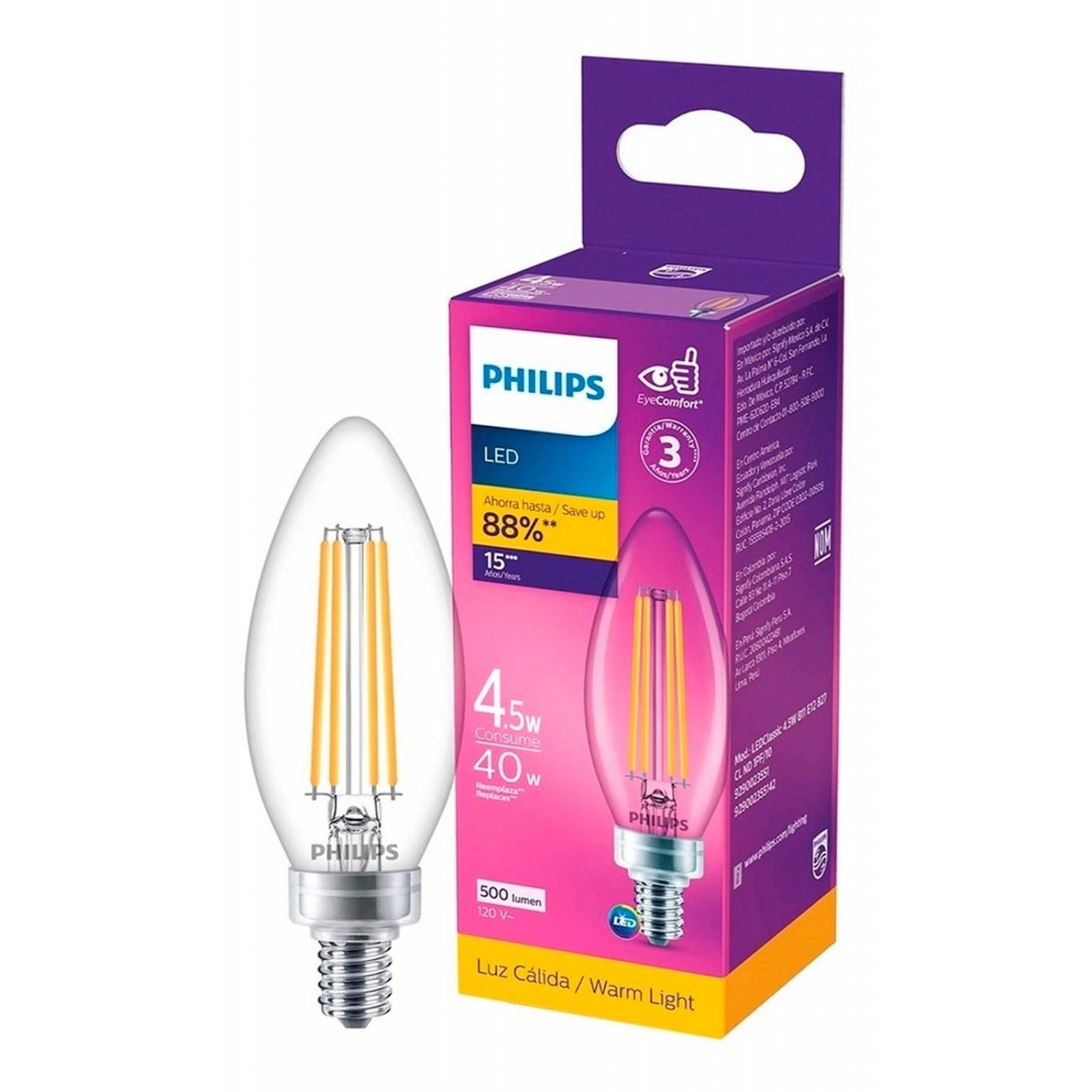 Foco Filamento Led E12 Philips 4 W 500 Lm Luz Blanca Cálida