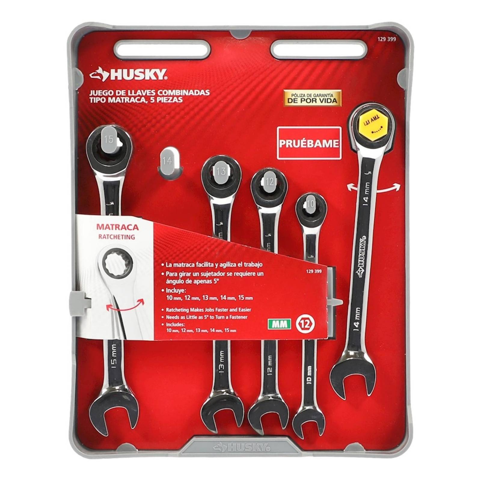Juego de llaves combinadas tipo matraca acero husky 5 piezas