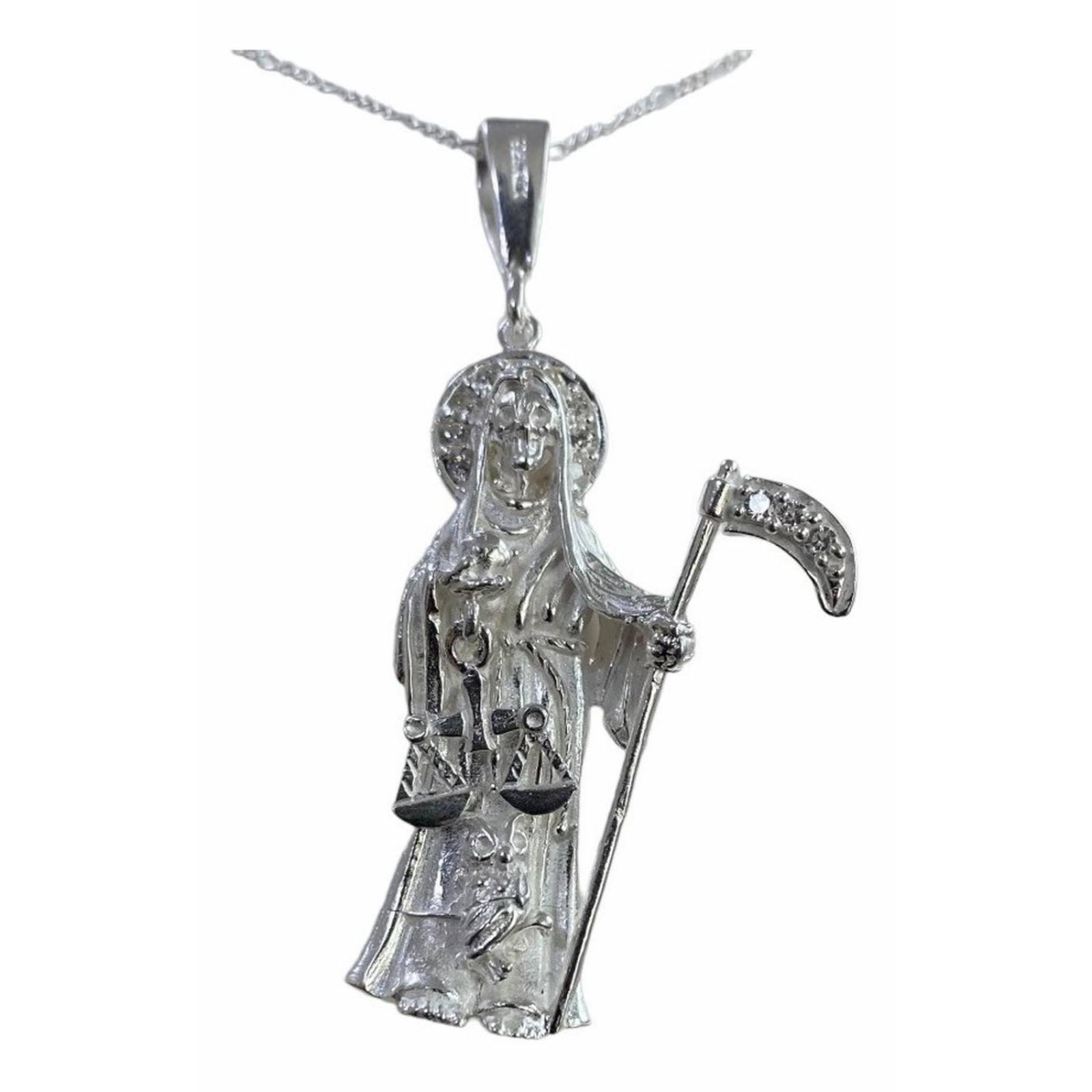 Dije Santa Muerte Liso Con Zirconias En Plata Solida 925