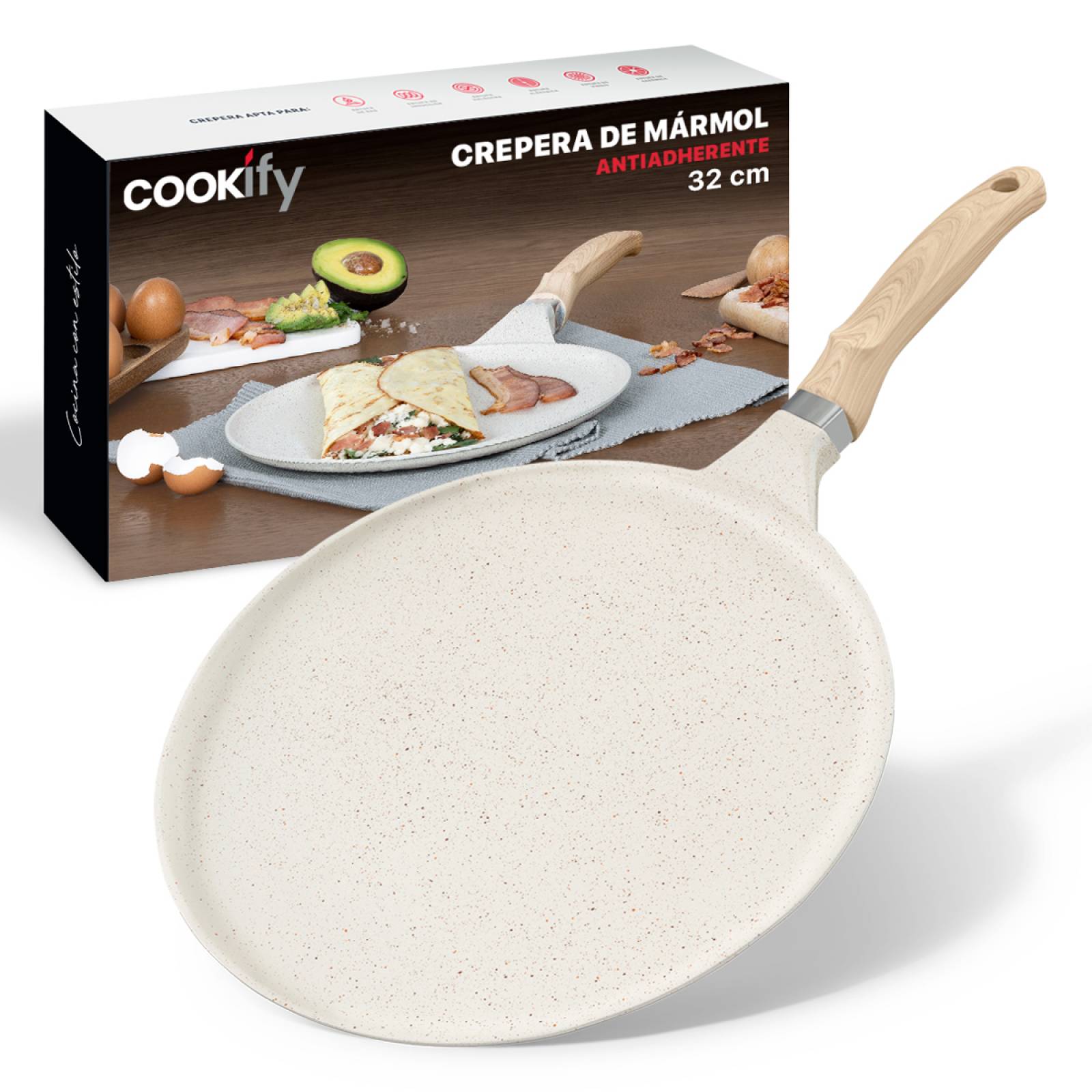 Sartén Crepera Comal de Mármol Antiadherente 32 cm Beige Cookify