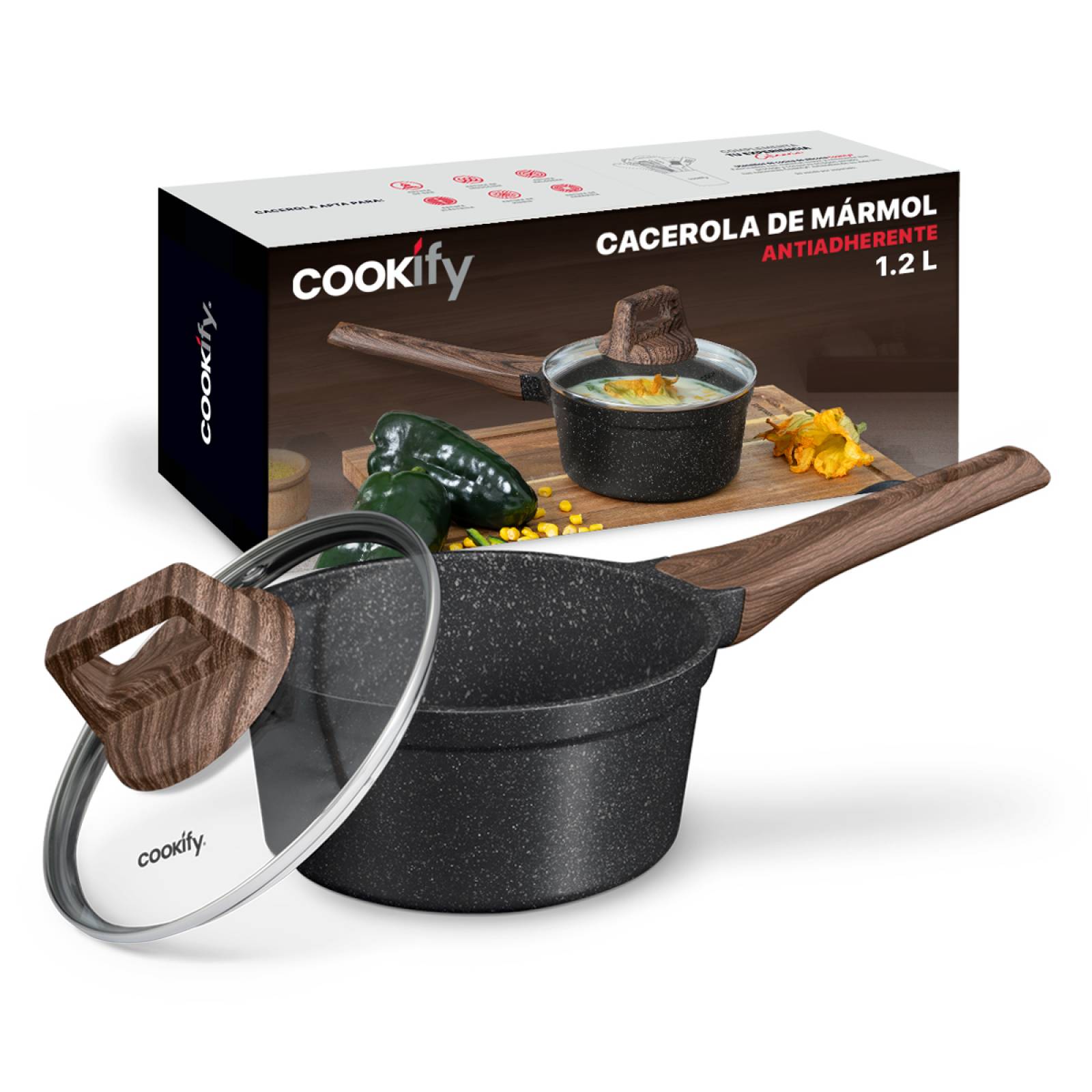 Olla Cacerola Antiadherente Con Tapa 16 cm Mármol Negro Cookify