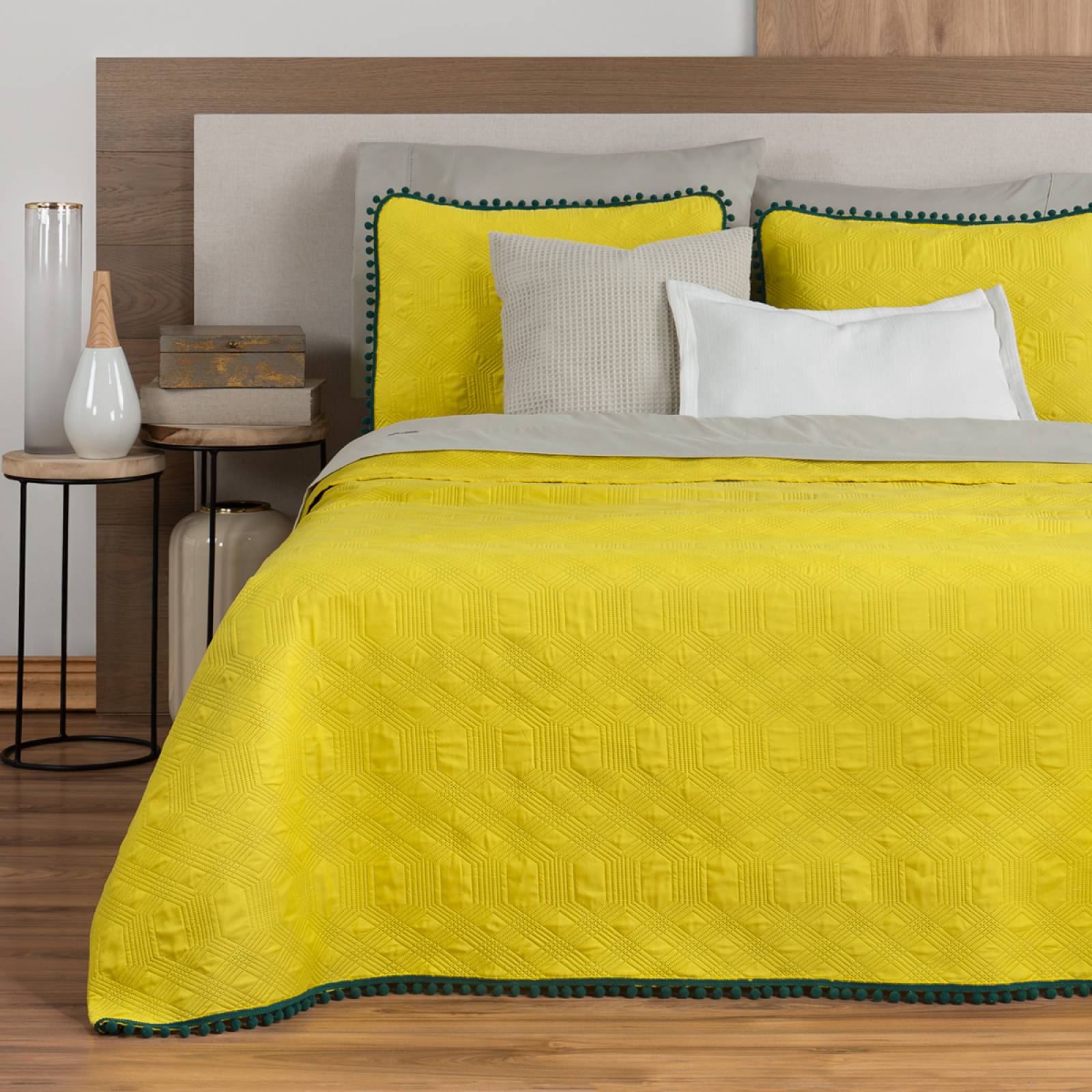 Edredón Ligero con Pompones Individual y Fundas de Almohada Limon Verde ...