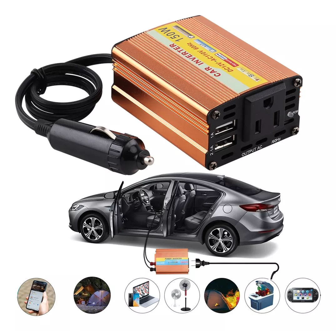 Inversor De Corriente Para Auto/suv 150w Doble Usb 12v/110v Dorado