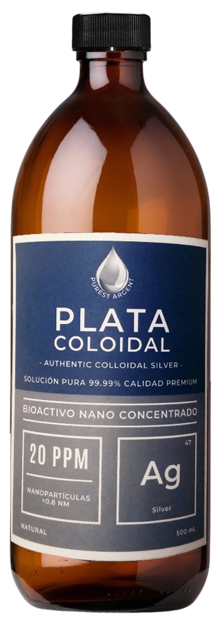 Plata Coloidal Top Silver 20 ppm 1 Litro Envase Cristal Ambar