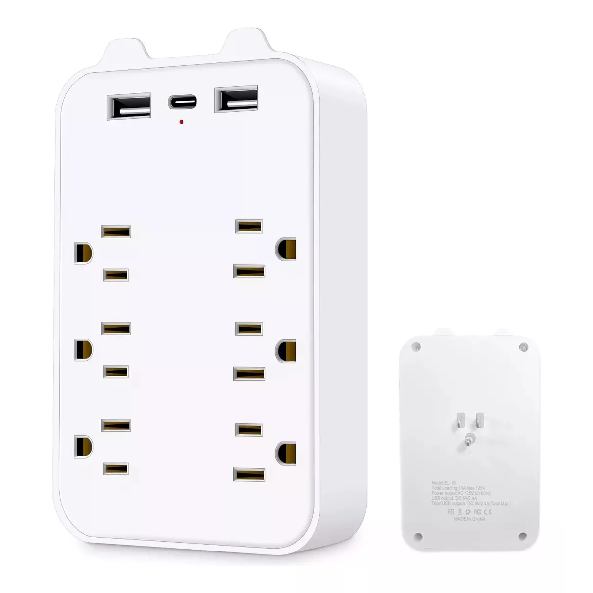 Adaptador De Pared Multicontactos, 6 Toma, 2 Usb, 1 Tipo C Blanco.