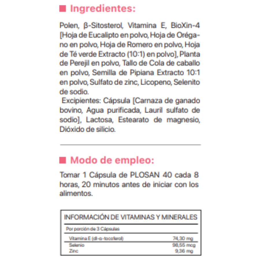 Suplemento Plosan Auxiliar Prostático a base de Polinicotinato de Zinc
