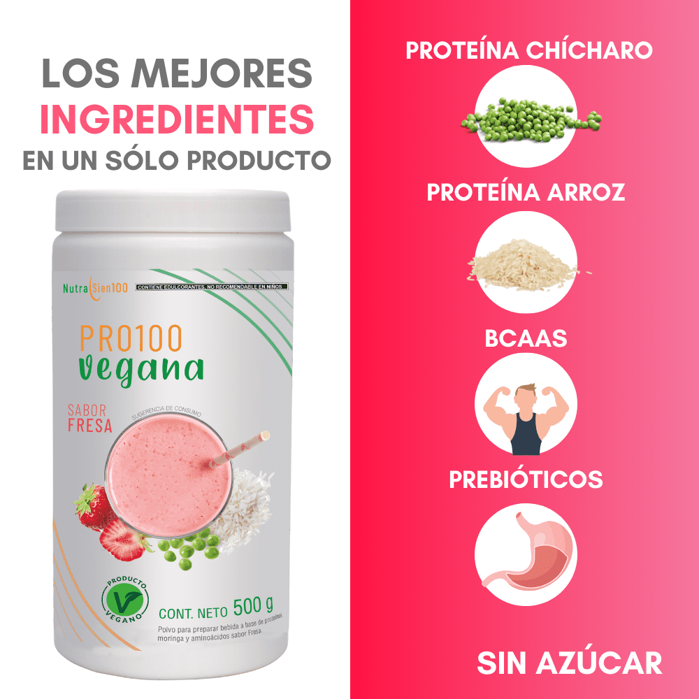 Nutrasien100 Proteína Vegana sabor fresa. Ideal para Keto, Pre workout, Vegano, Paleo. Sin ...