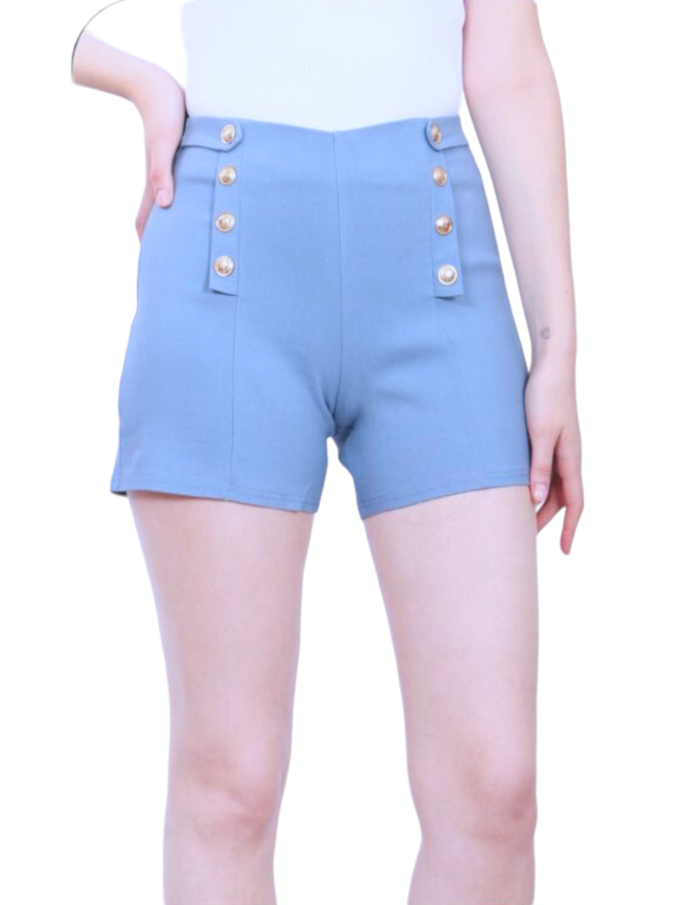 Short elástico con botones dorados/ gabardina larga/ AZUL.