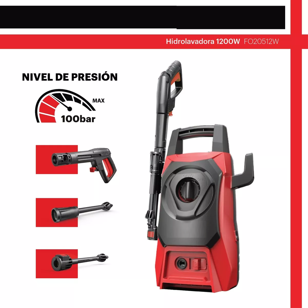 Hidrolavadora Eléctrica Alta Presión 1200w 1300 Psi Rojo
