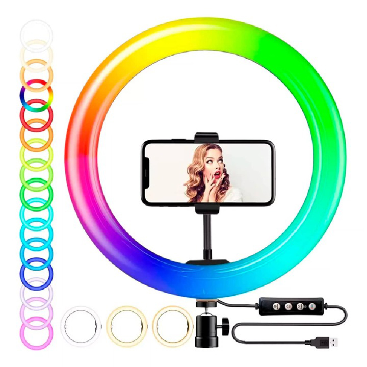Aro LED RGB Luz Calida Fria Selfie Celular Tripie 14 Pulgadas