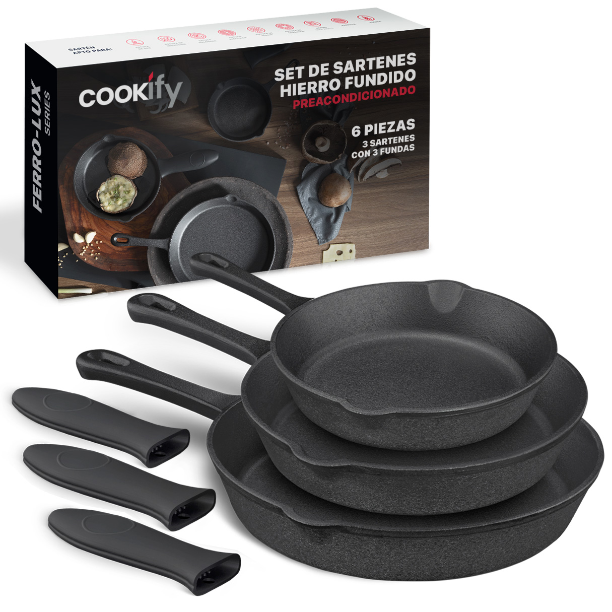 Juego Set con 3 Sartenes de Hierro Fundido Precurados Negro Cookify.