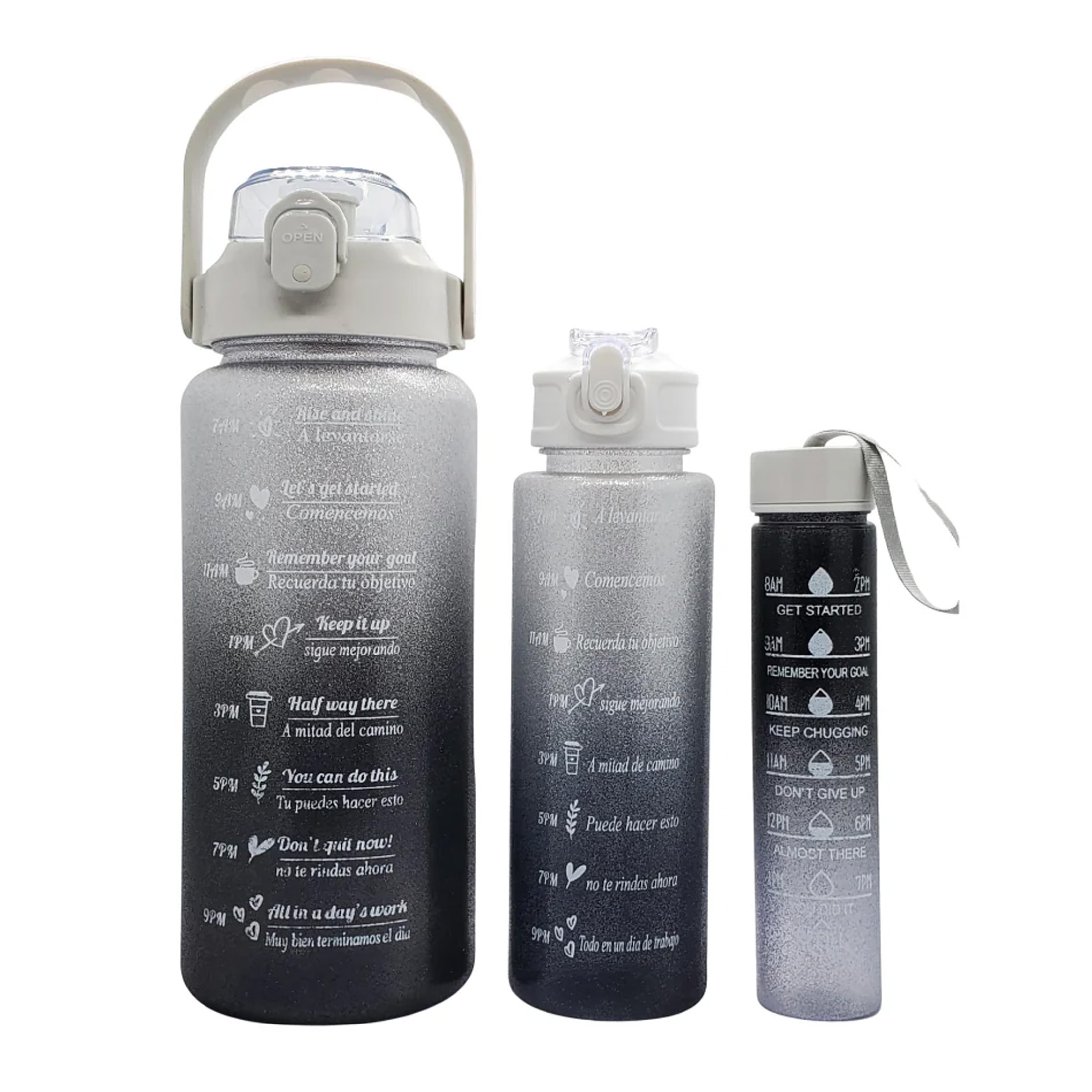Botella De Agua set 3 botellas Motivacional Deportiva escolar 2lt, 1lt y 300ml stiker Gris.