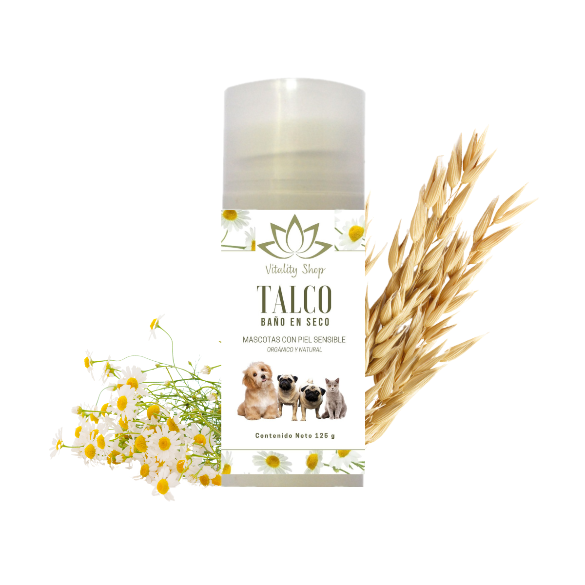Talco baño en seco piel sensible organico natural anti pulgas 125g