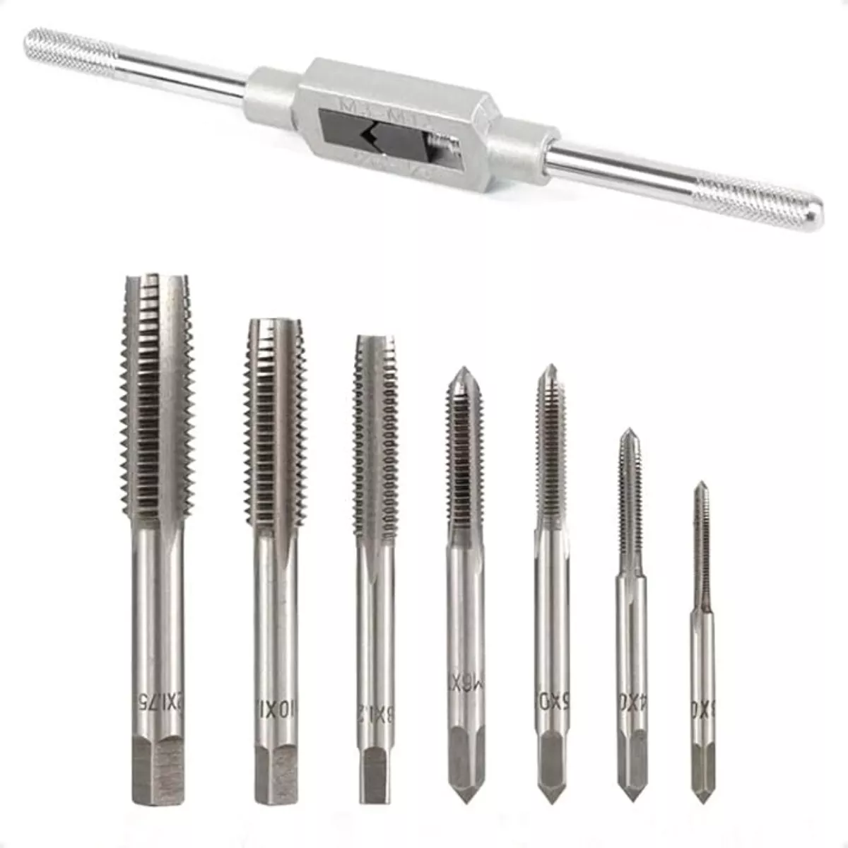 Kit De Machuelos Con Maneral Broca Tipo Matraca Ajustable Plata.