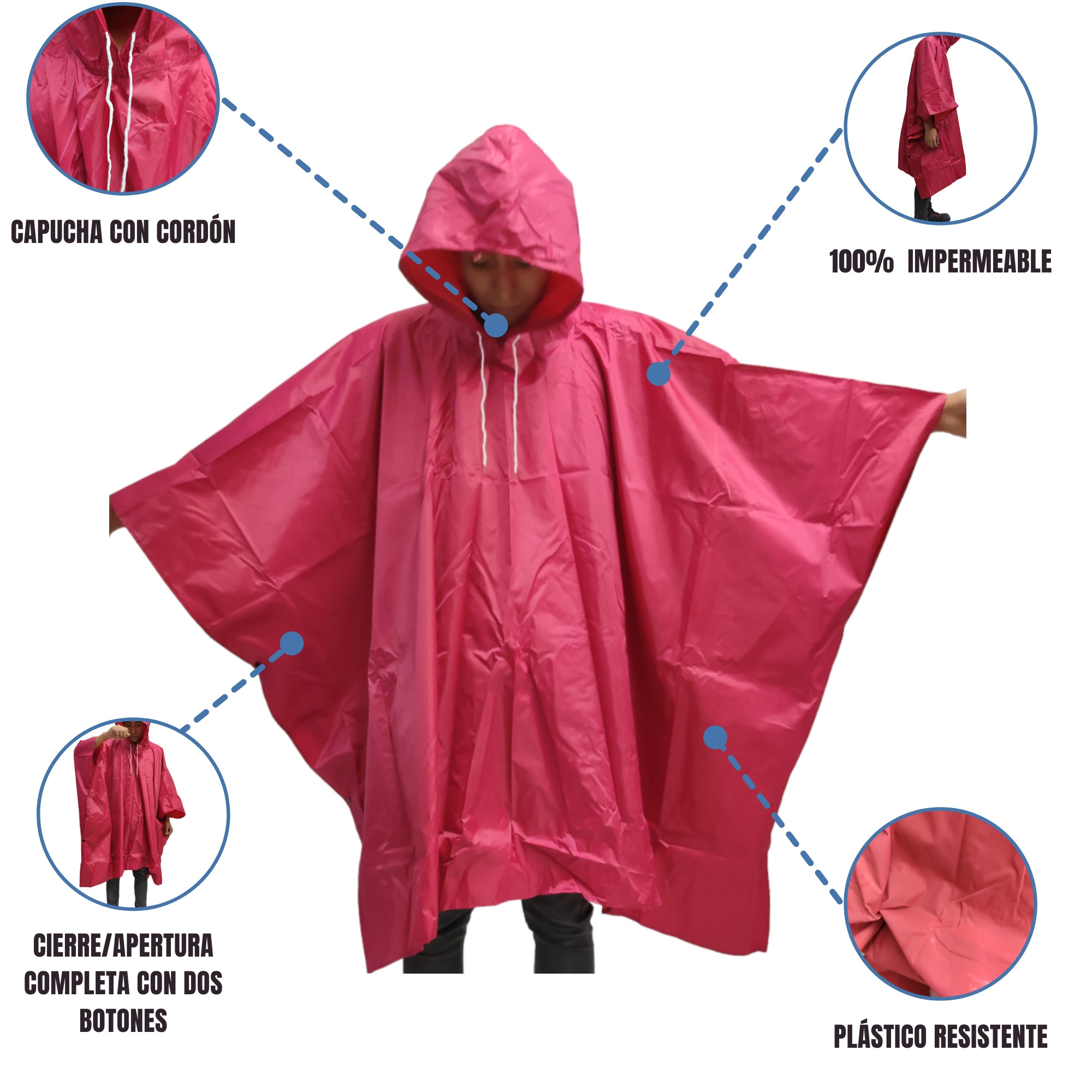 Capa Impermeable Poncho para Lluvia Portatil Capucha Industrial - ROJO