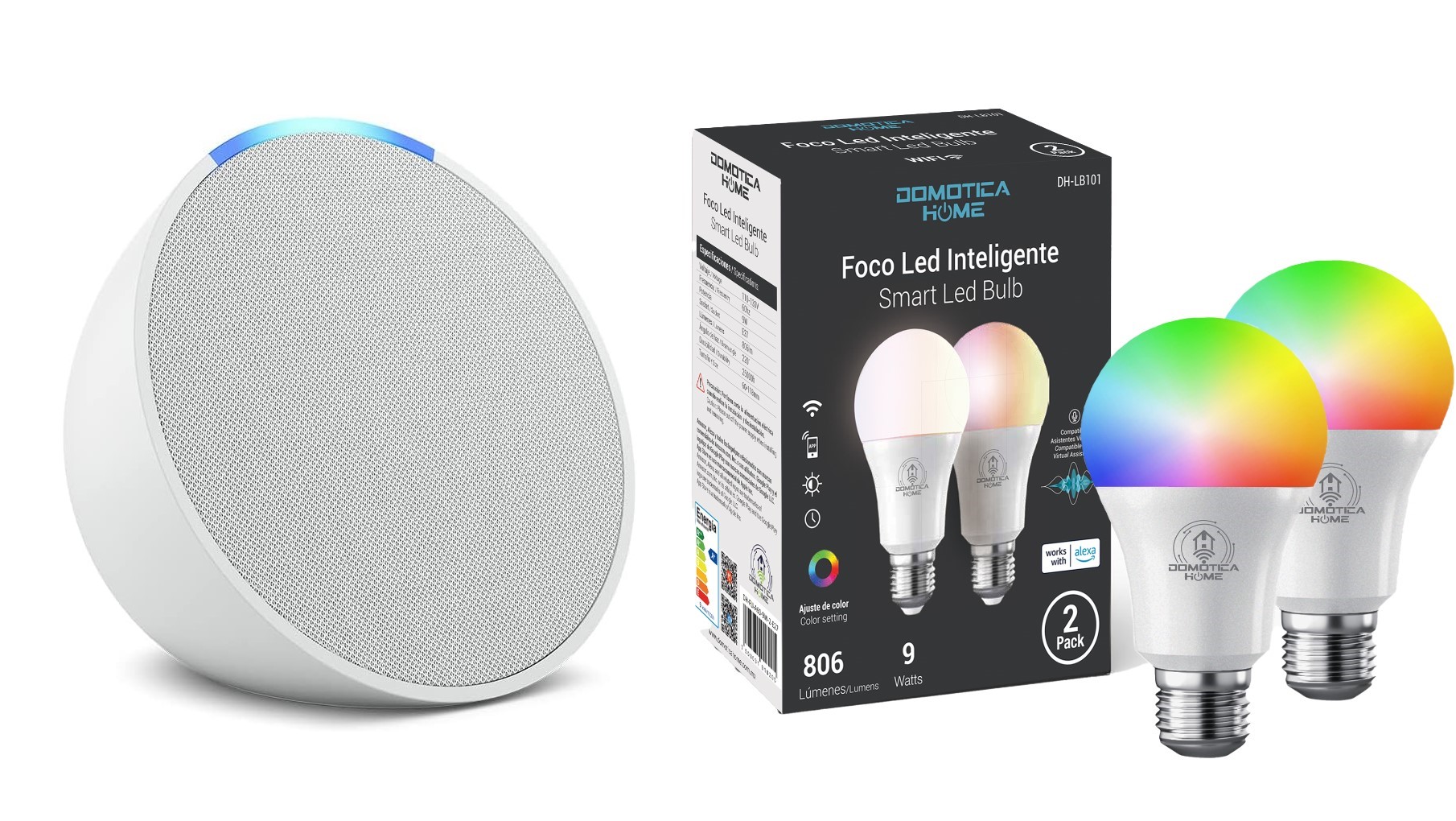 Kit Alexa Echo Pop Blanco + Foco Led Inteligente 9w Certificado (2pk)