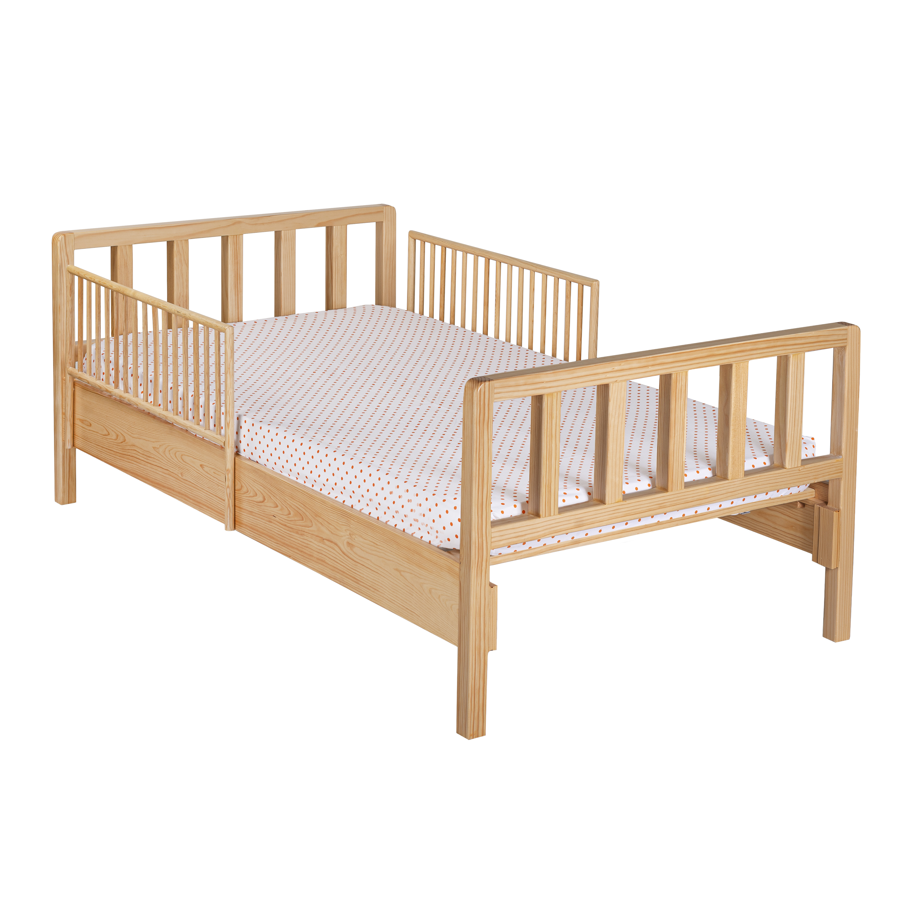 Cama Moderna de madera barnizada con barandales para niños y niñas