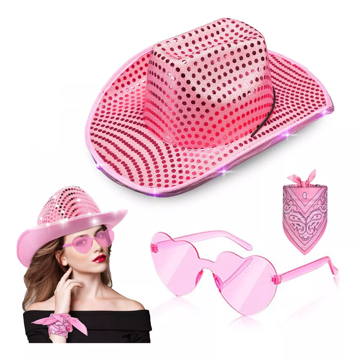 3pc Sombrero Vaquero Con Luz Led Para Fiesta Y Gafas Corazón.