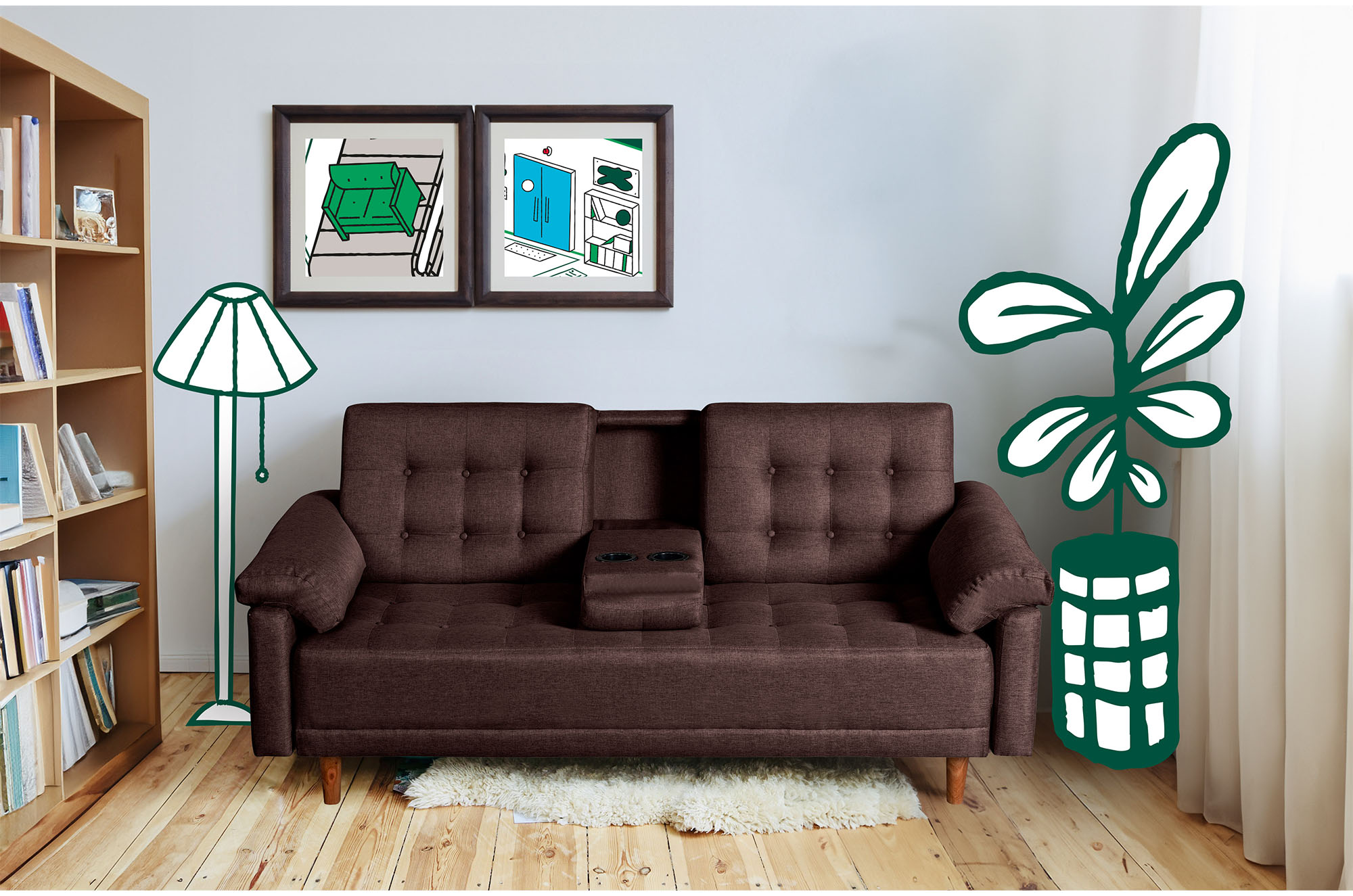 Sofá Cama Andros Chocolate Makora Essentials de lino con portavasos.