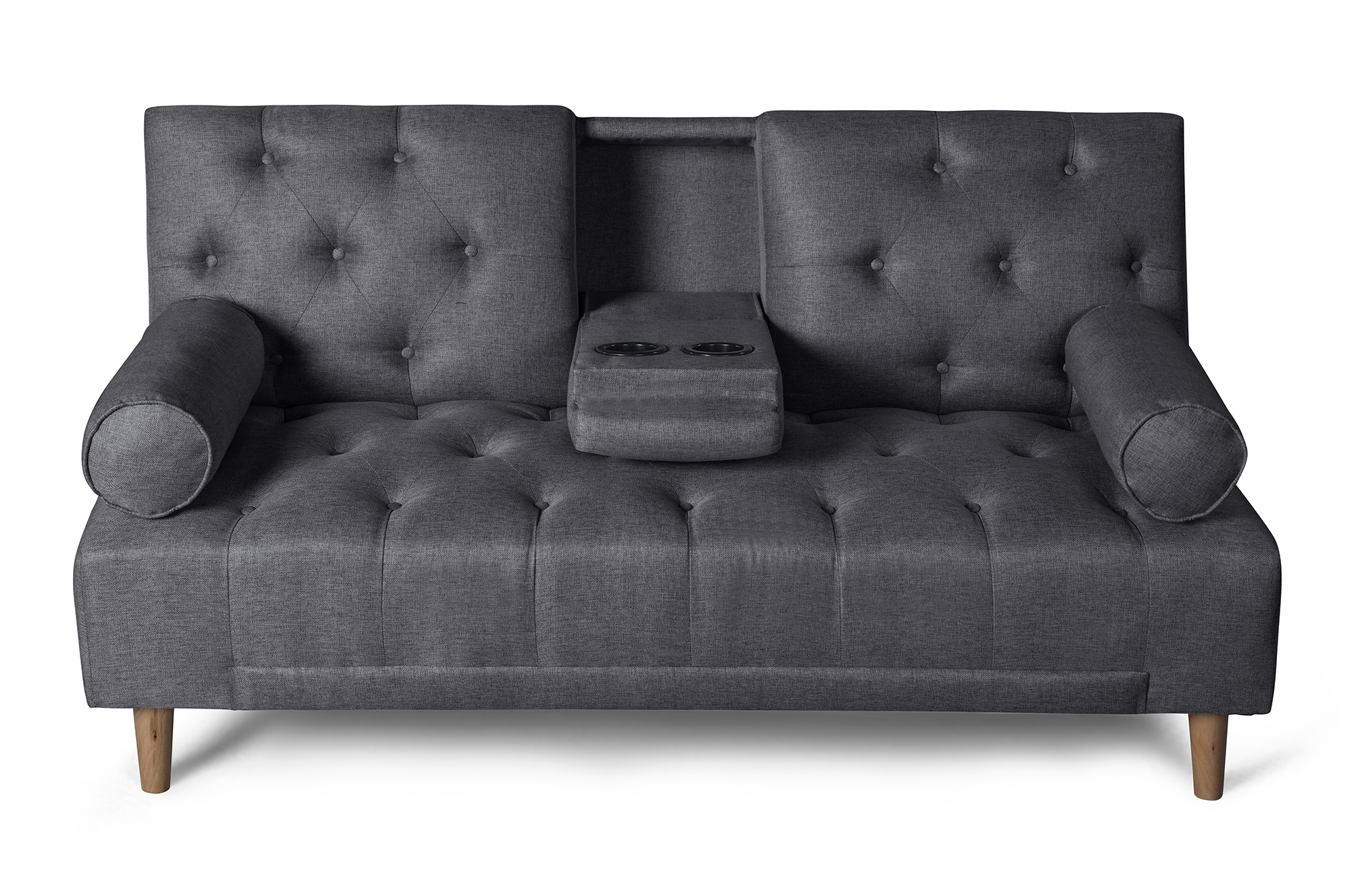 Sofá Cama Paccino Gris Oxford Makora Essentials de lino con portavasos.