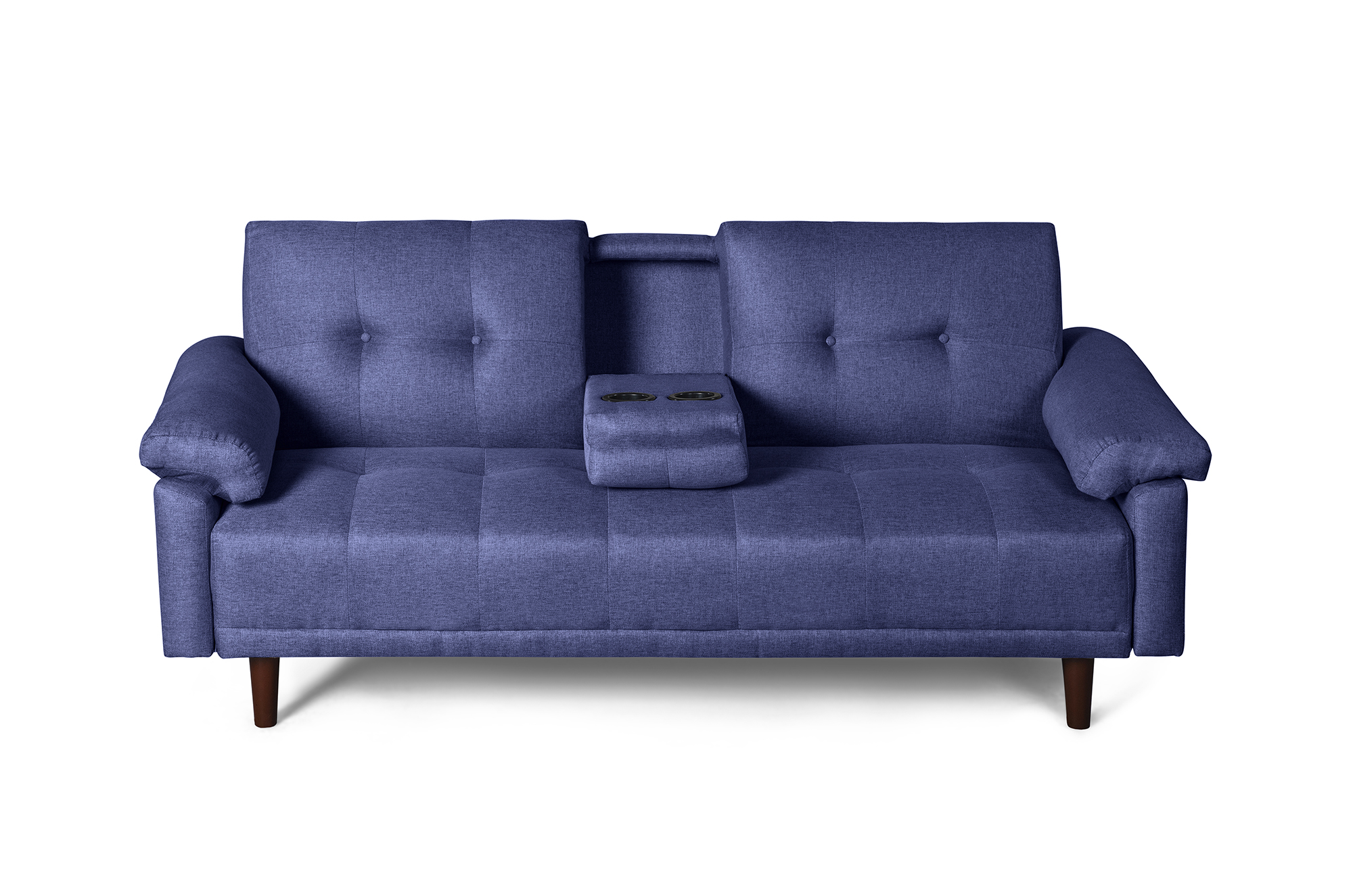 Sofá Cama Presley Azul Makora Essentials de lino con portavasos.
