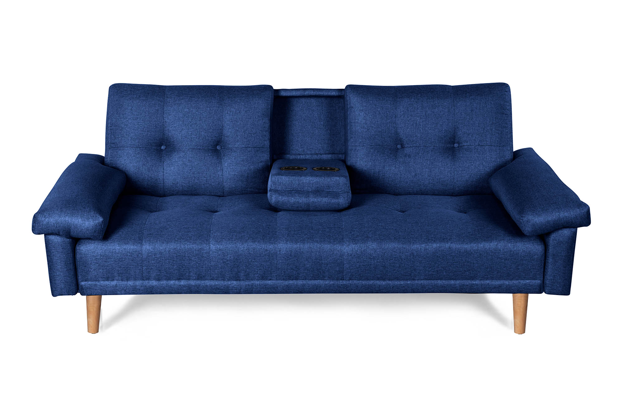 Sofá Cama Hendrix Azul Makora Essentials de lino con portavasos.