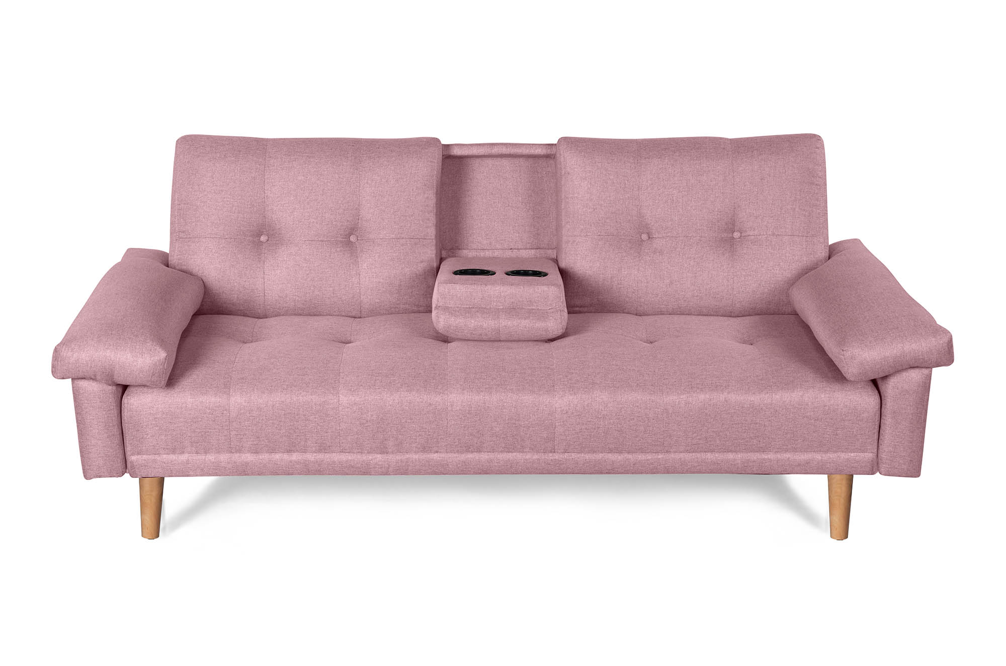 Sofá Cama Hendrix Palo de Rosa Makora Essentials de lino con portavasos.