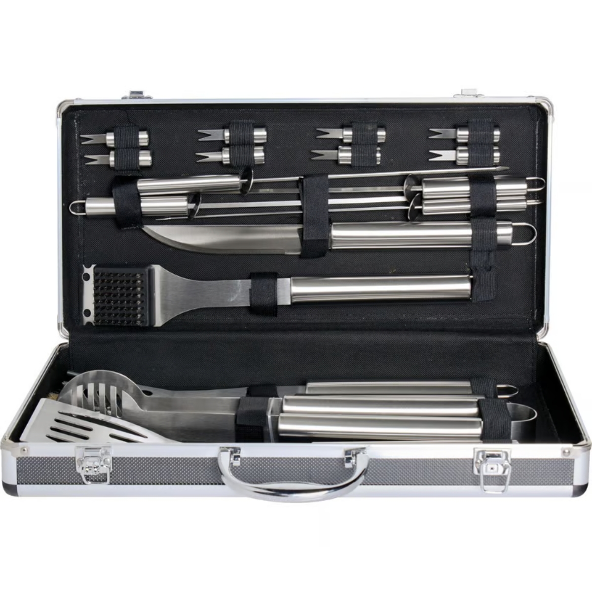 SET UTENSILIOS PARRILLEROS DE ACERO INOXIDABLE 18 PIEZAS