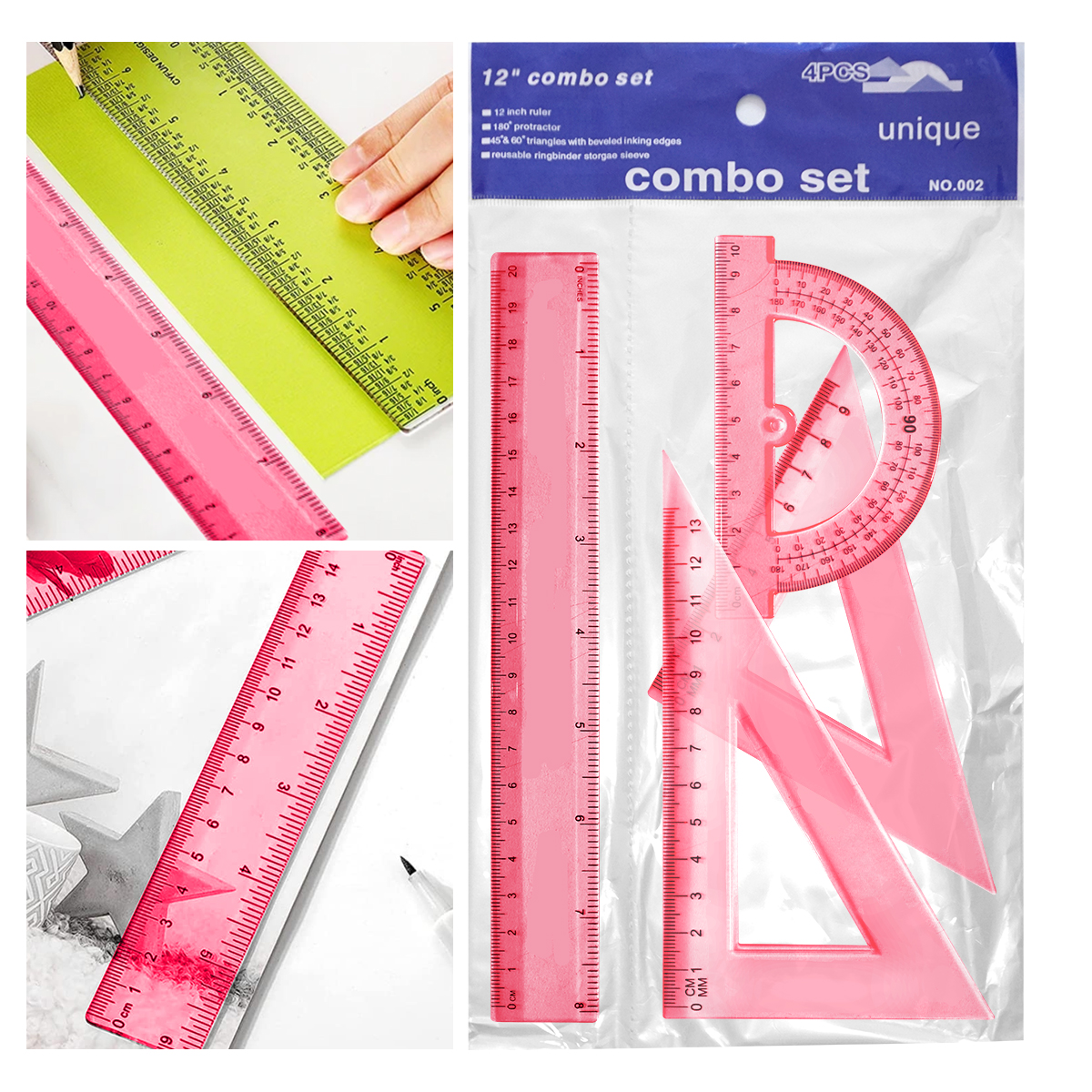 Juego Geométrico plástico premium rígido, incluye 1 Regla de 15 cm, 2 ...