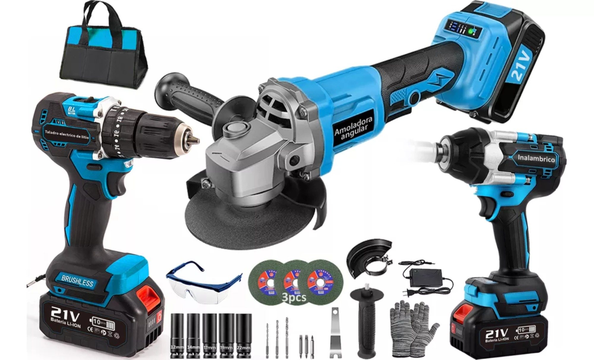 Kit De Taladros Inalambrico,esmeril Angular+llave Electrica