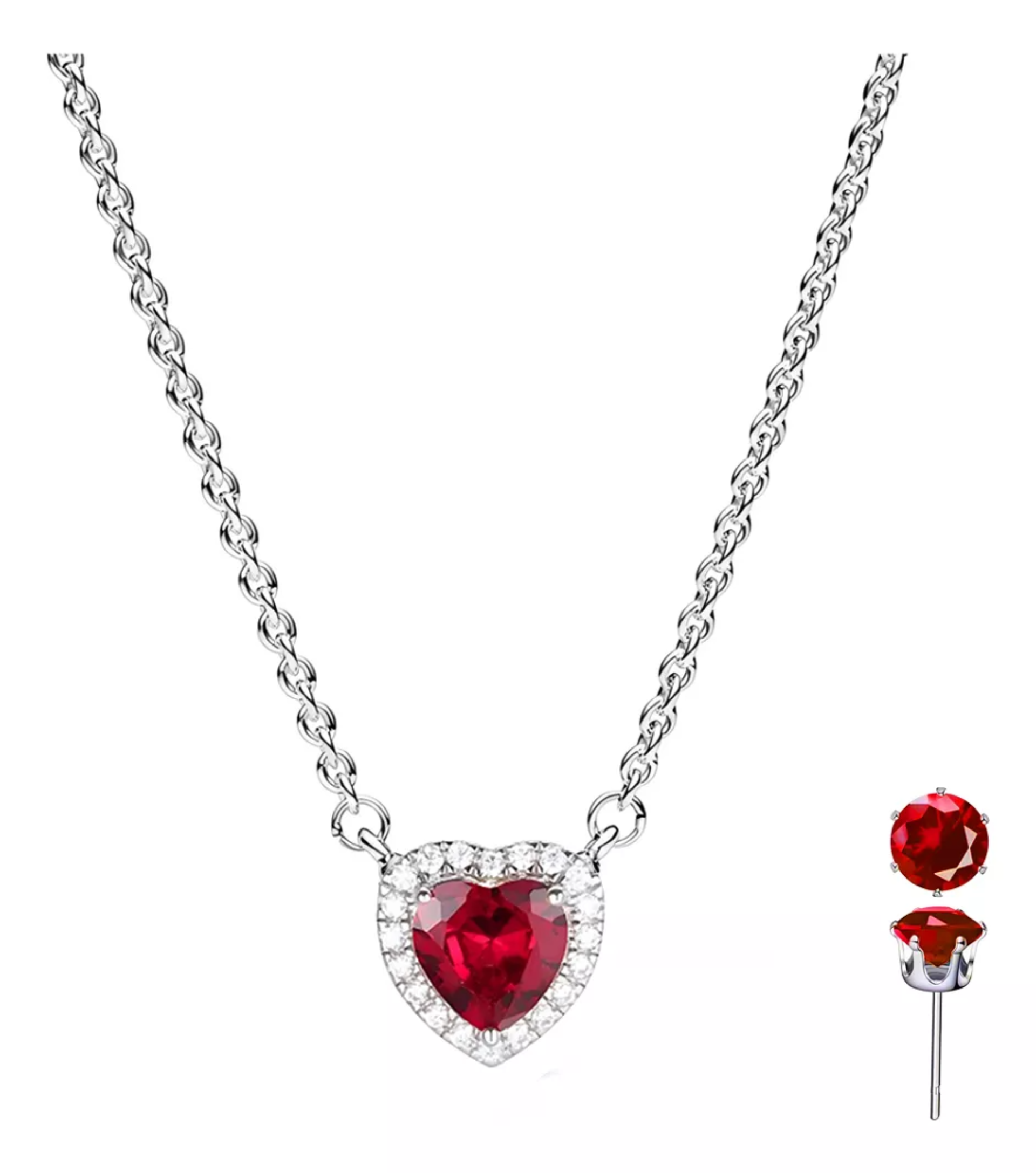 Regalo Para Mujer Collar Plata Corazon Elevado Rojo
