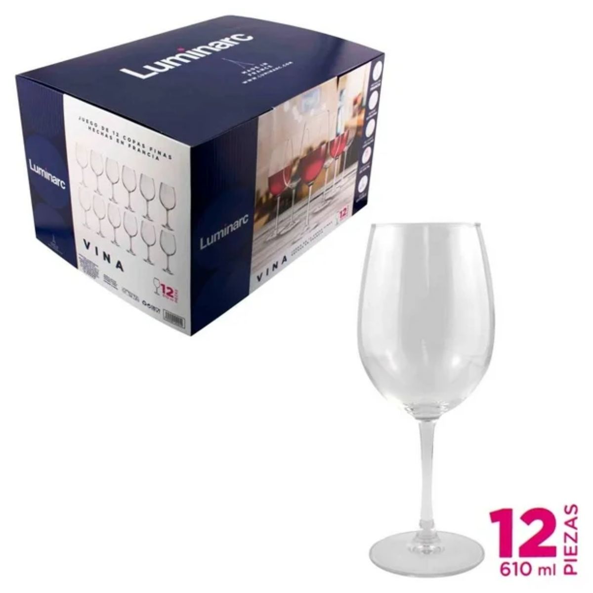 Juego de Copas Luminarc Vina de 12 Piezas Borde Extra Fino Vidrio Cristalino