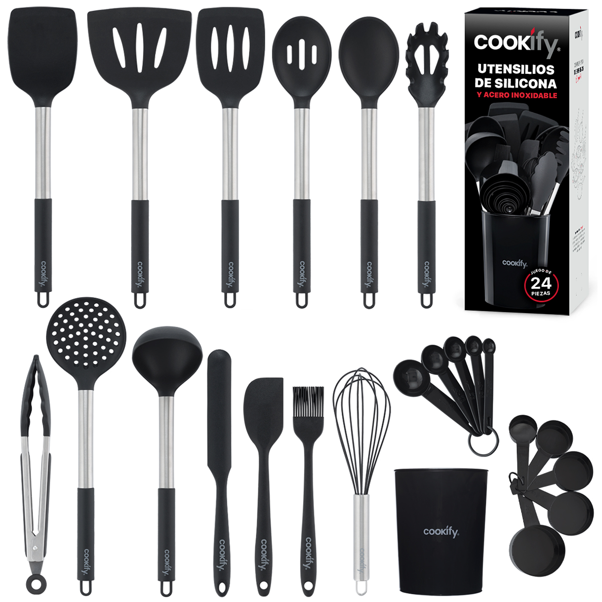Set 24 pzas Utensilios de Cocina con Silicona y Acero Inoxidable Negro ...