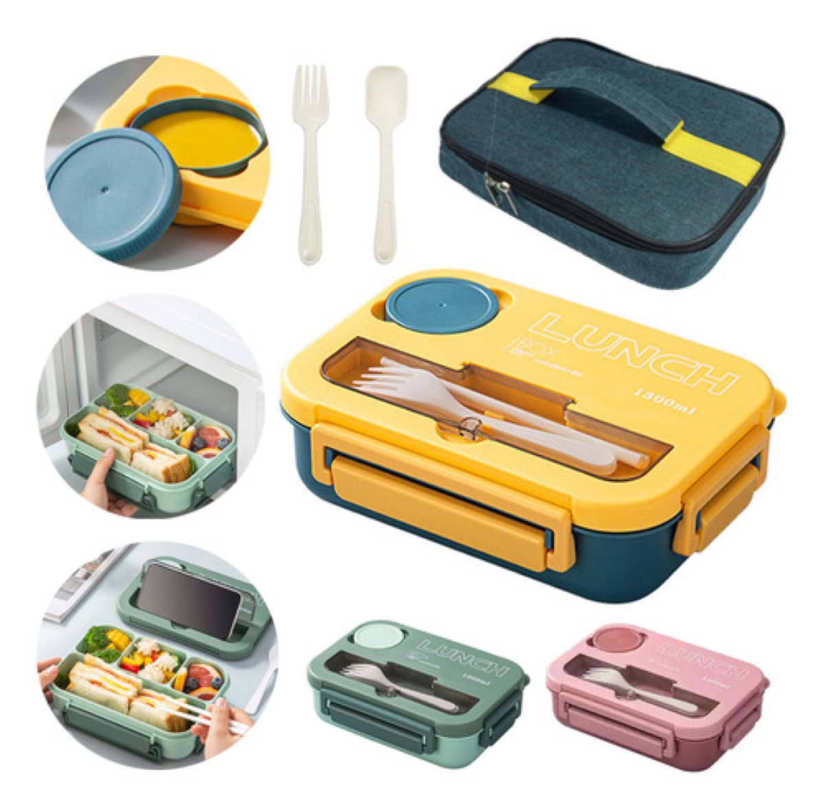 Lunch Box Fiambrera Con Cubiertos Capacidad 1300ml+bolsas azul oscuro